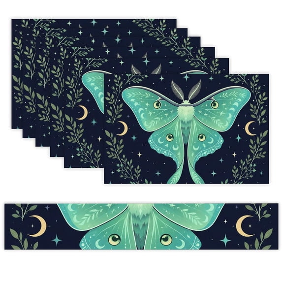 7 Piece Linen Table Runner and Placemats Set, Mystical Luna Moth Under ...