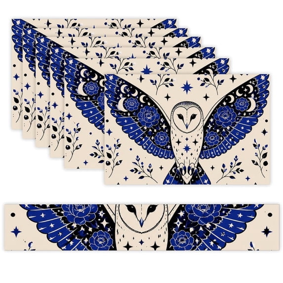 7 Piece Linen Table Runner and Placemats Set, Mystical Owl Roses Round ...