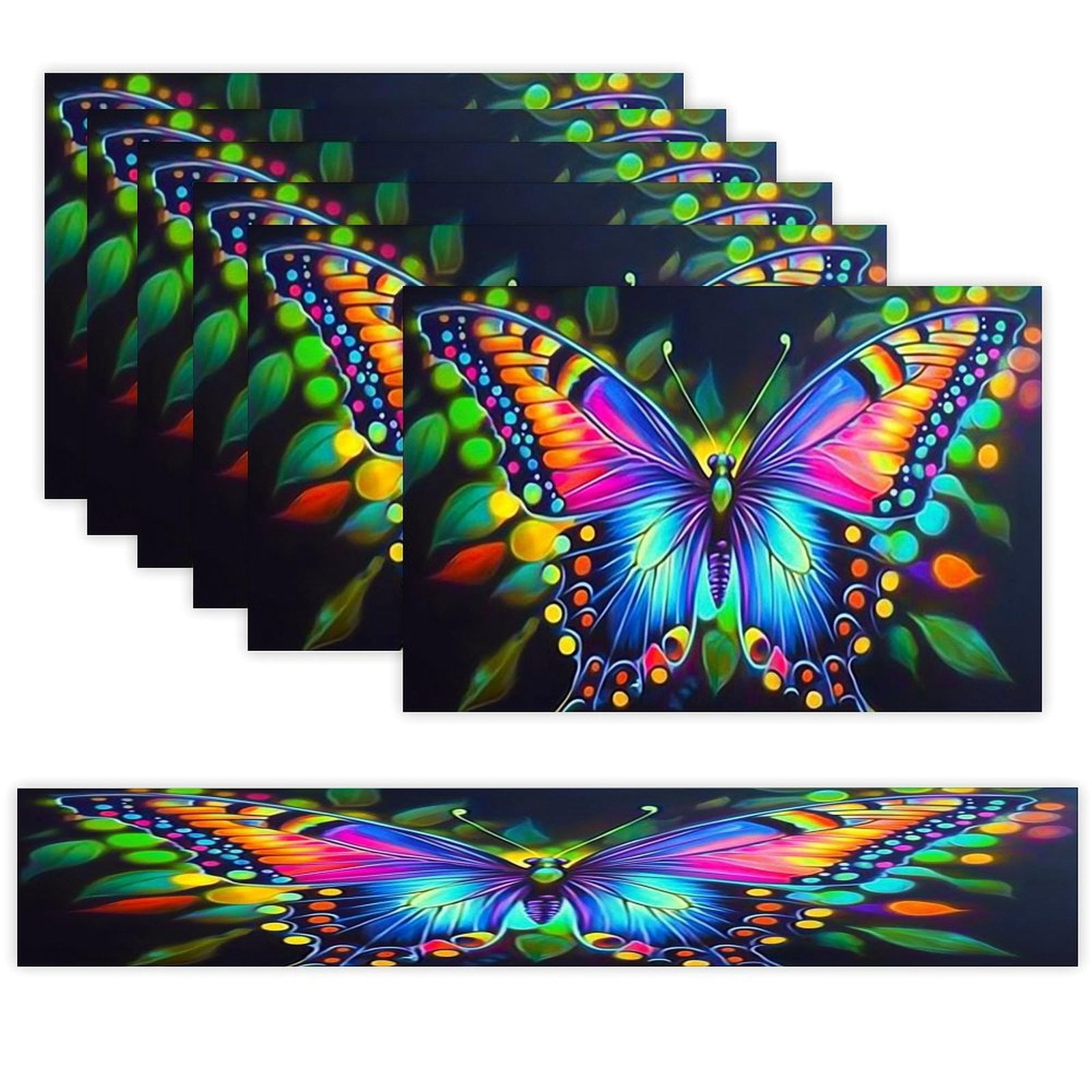 7 Piece Linen Table Runner and Placemats Set, Neon Butterfly Colorful ...