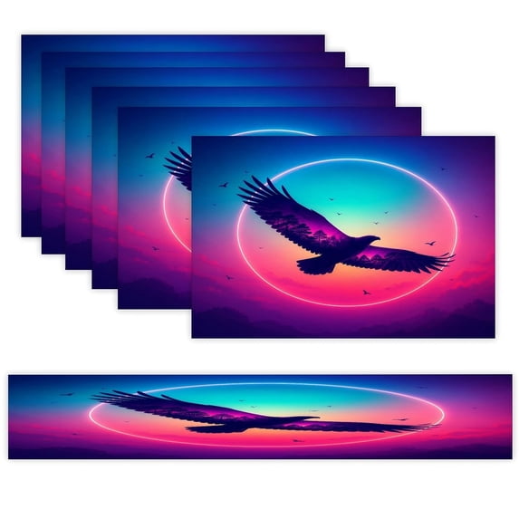 7 Piece Linen Table Runner and Placemats Set, Neon Eagle Forest Round ...