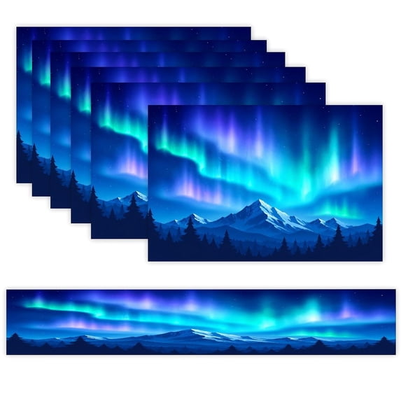 7 Piece Linen Table Runner and Placemats Set, Northern Lights Mountain ...