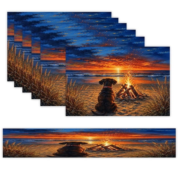 7 Piece Linen Table Runner and Placemats Set, Oil Painting Dog Beach ...