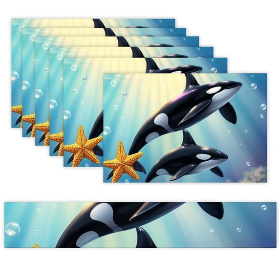 7 Piece Linen Table Runner and Placemats Set, Orca Whale Ocean Round ...