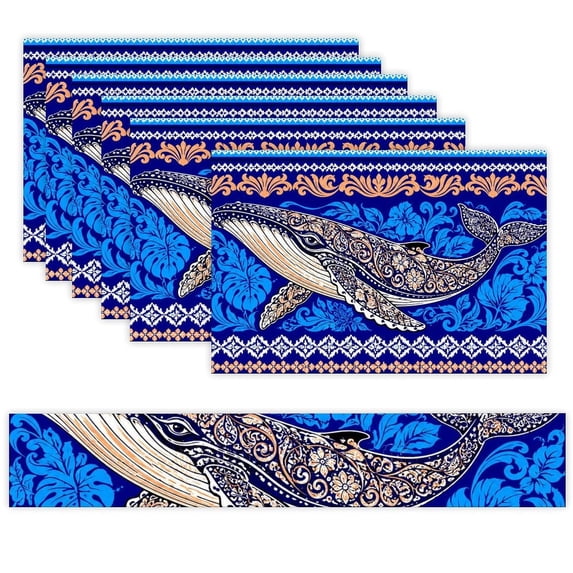7 Piece Linen Table Runner and Placemats Set, Ornate Tribal Whale with ...