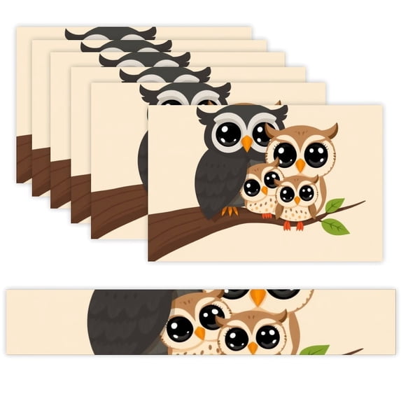 7 Piece Linen Table Runner and Placemats Set, Owl Family Branch Round ...