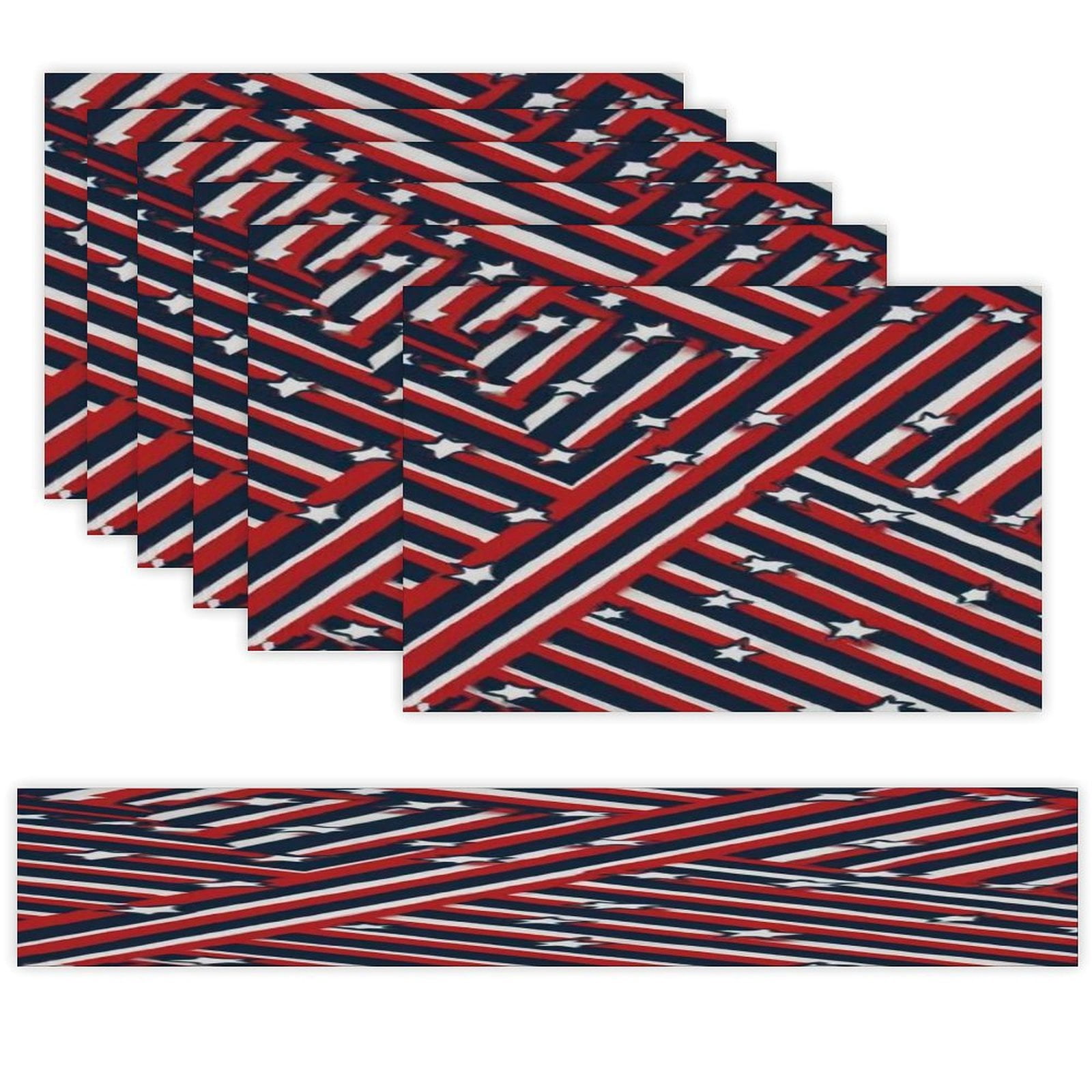 7 Piece Linen Table Runner and Placemats Set, Patriotic Flag Stars ...