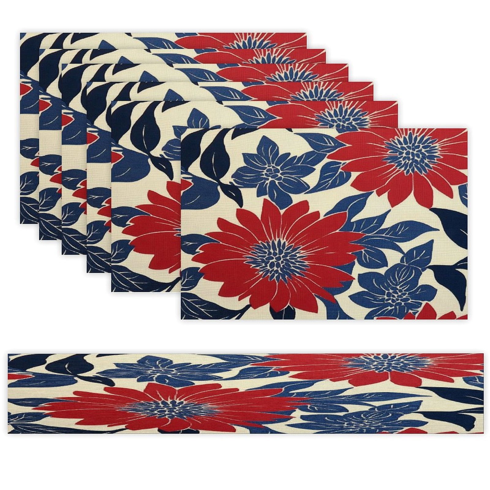 7 Piece Linen Table Runner and Placemats Set, Patriotic Floral Red Blue ...