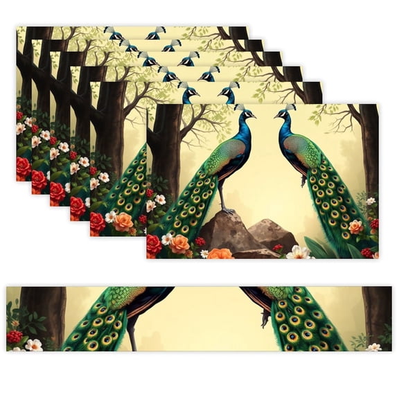 7 Piece Linen Table Runner and Placemats Set, Peacock Flower Art Round ...