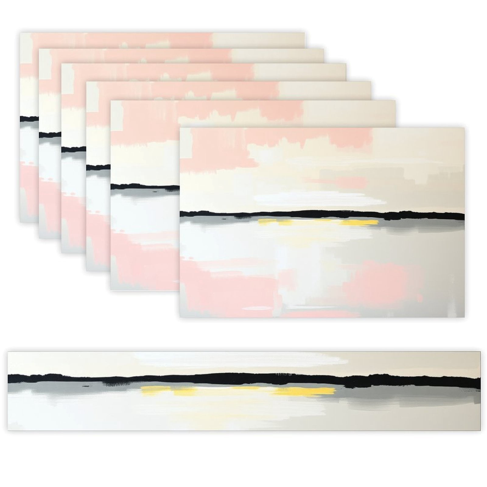 7 Piece Linen Table Runner and Placemats Set, Pink Abstract Seascape ...