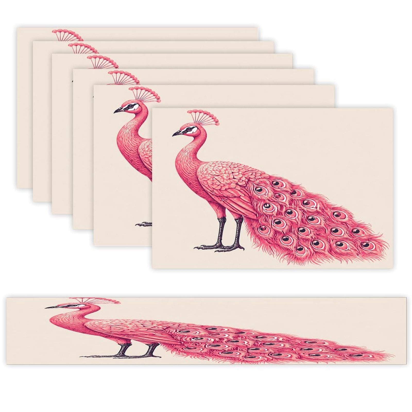 7 Piece Linen Table Runner and Placemats Set, Pink Peacock Elegant Art ...