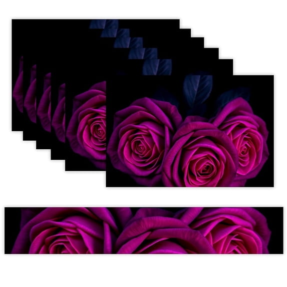 7 Piece Linen Table Runner and Placemats Set, Pink Roses Black ...