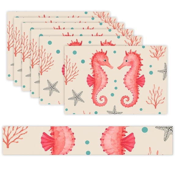 7 Piece Linen Table Runner and Placemats Set, Pink Seahorses With ...