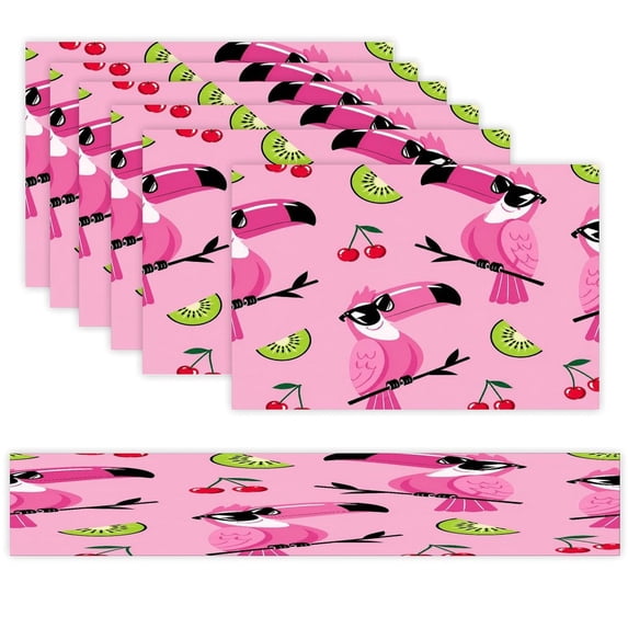 7 Piece Linen Table Runner and Placemats Set, Pink Toucan Cherry ...