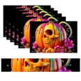 7 Piece Linen Table Runner and Placemats Set, Pumpkin Skull Neon Round ...