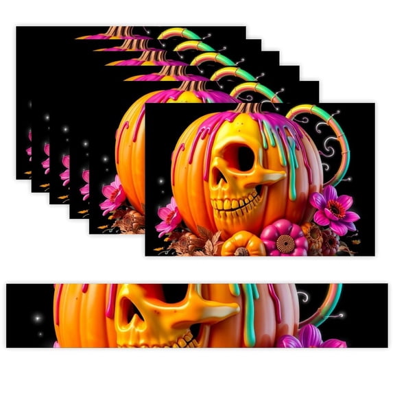 7 Piece Linen Table Runner and Placemats Set, Pumpkin Skull Neon Round ...