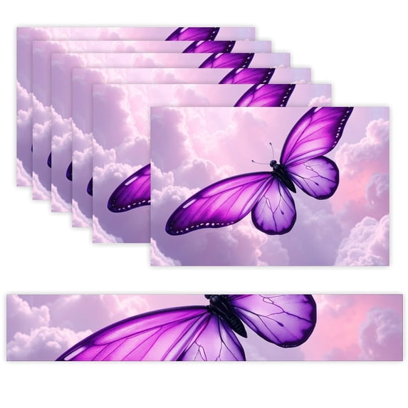 7 Piece Linen Table Runner and Placemats Set, Purple Butterfly Clouds ...