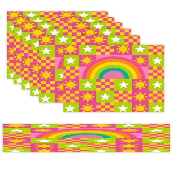 7 Piece Linen Table Runner and Placemats Set, Rainbow Star Checkered ...