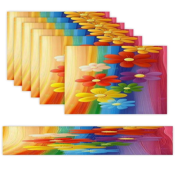 7 Piece Linen Table Runner and Placemats Set, Rainbow Stripe Flower Art ...