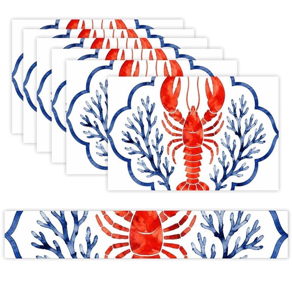 7 Piece Linen Table Runner and Placemats Set, Red Lobster Blue Frame ...