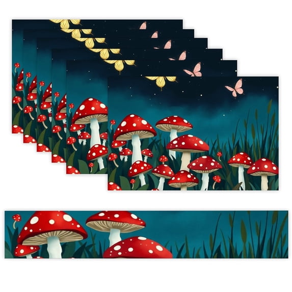 7 Piece Linen Table Runner and Placemats Set, Red Mushroom Butterfly ...