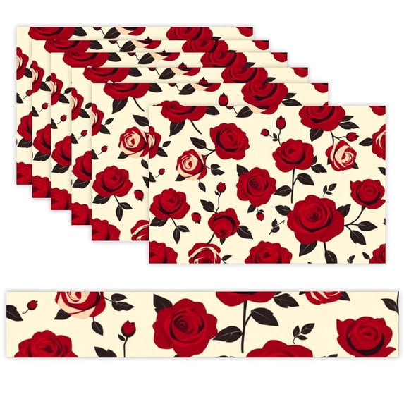 7 Piece Linen Table Runner and Placemats Set, Red Rose Pattern Round ...