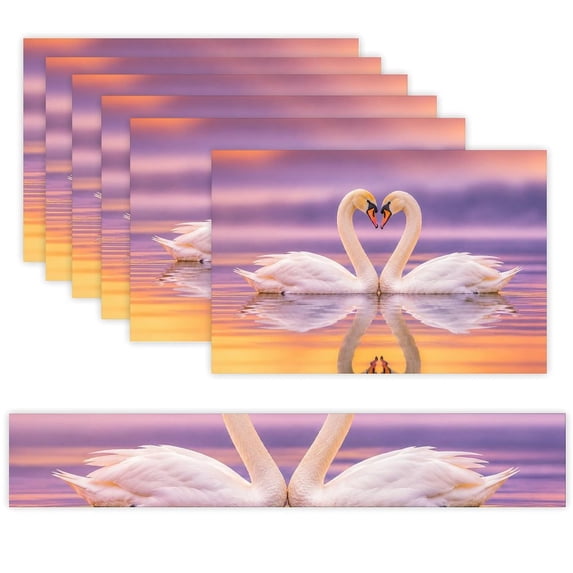 7 Piece Linen Table Runner and Placemats Set, Romantic Swans Forming ...