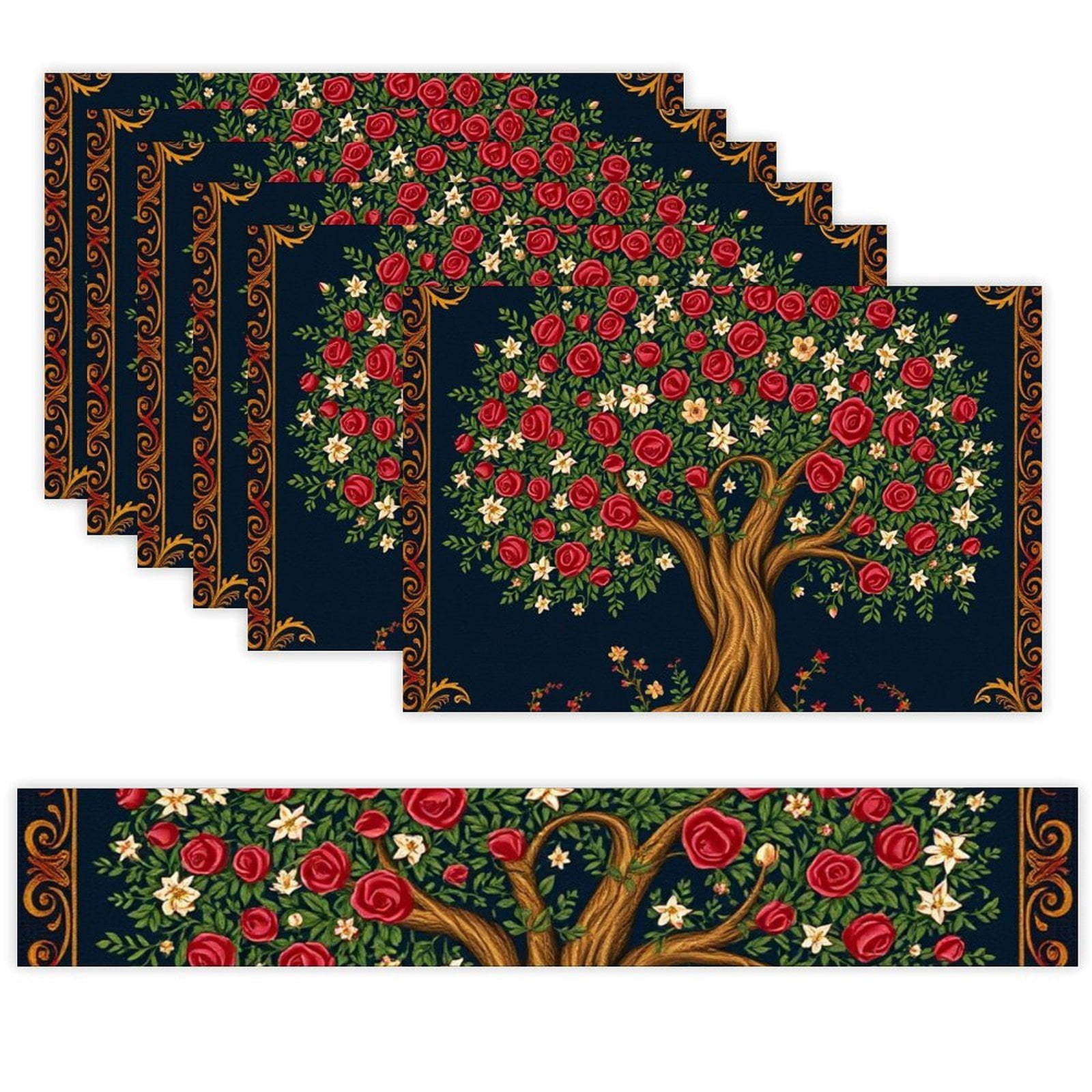7 Piece Linen Table Runner and Placemats Set, Rose Tree Embroidery ...