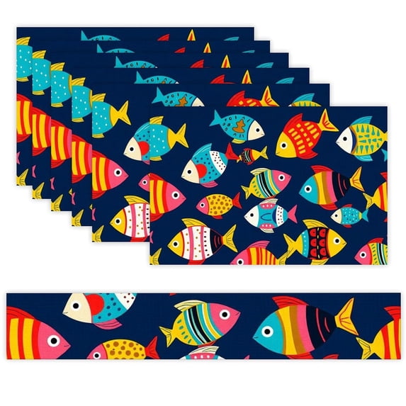 7 Piece Linen Table Runner and Placemats Set, School Fish Ocean ...