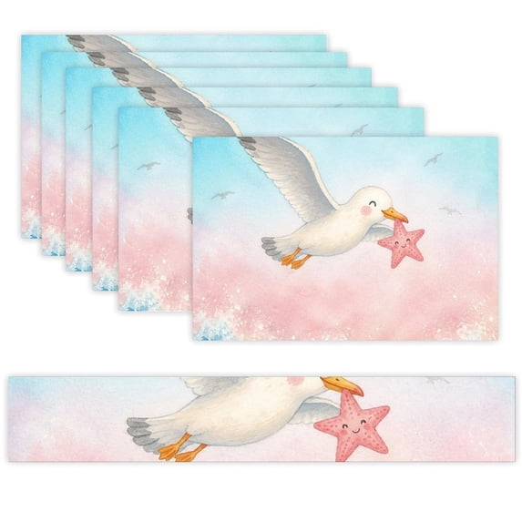 7 Piece Linen Table Runner and Placemats Set, Seagull Carrying Starfish ...