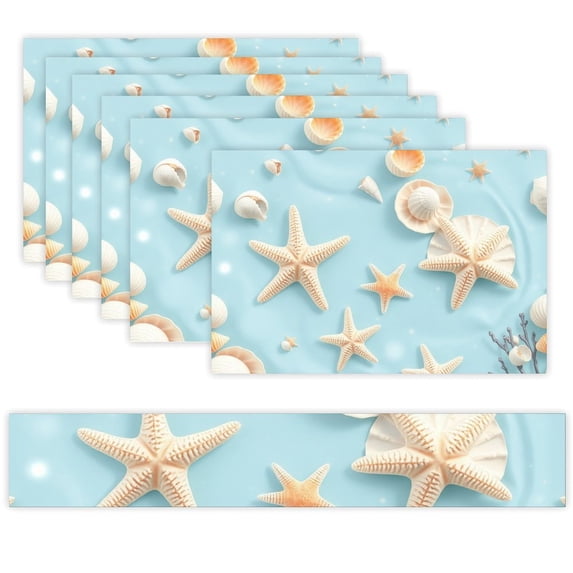 7 Piece Linen Table Runner and Placemats Set, Seashell Starfish Beach ...