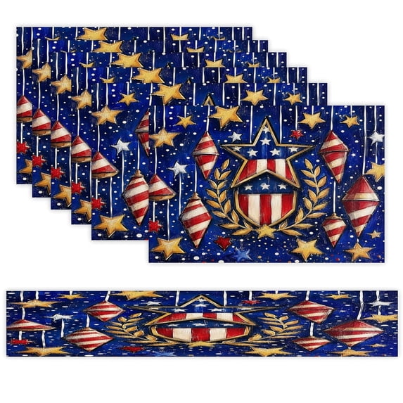 7 Piece Linen Table Runner and Placemats Set, Shield Firecrackers Gold ...