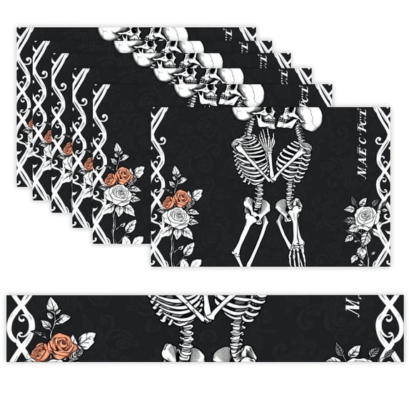 7 Piece Linen Table Runner and Placemats Set, Skeleton Couple Roses ...