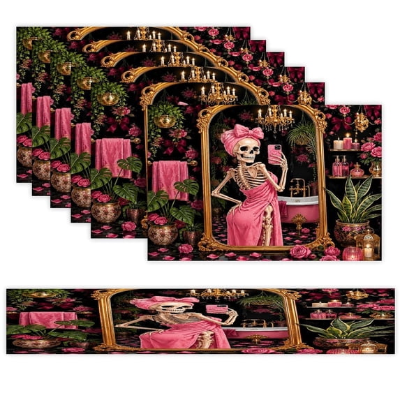 7 Piece Linen Table Runner and Placemats Set, Skeleton Selfie Mirror ...