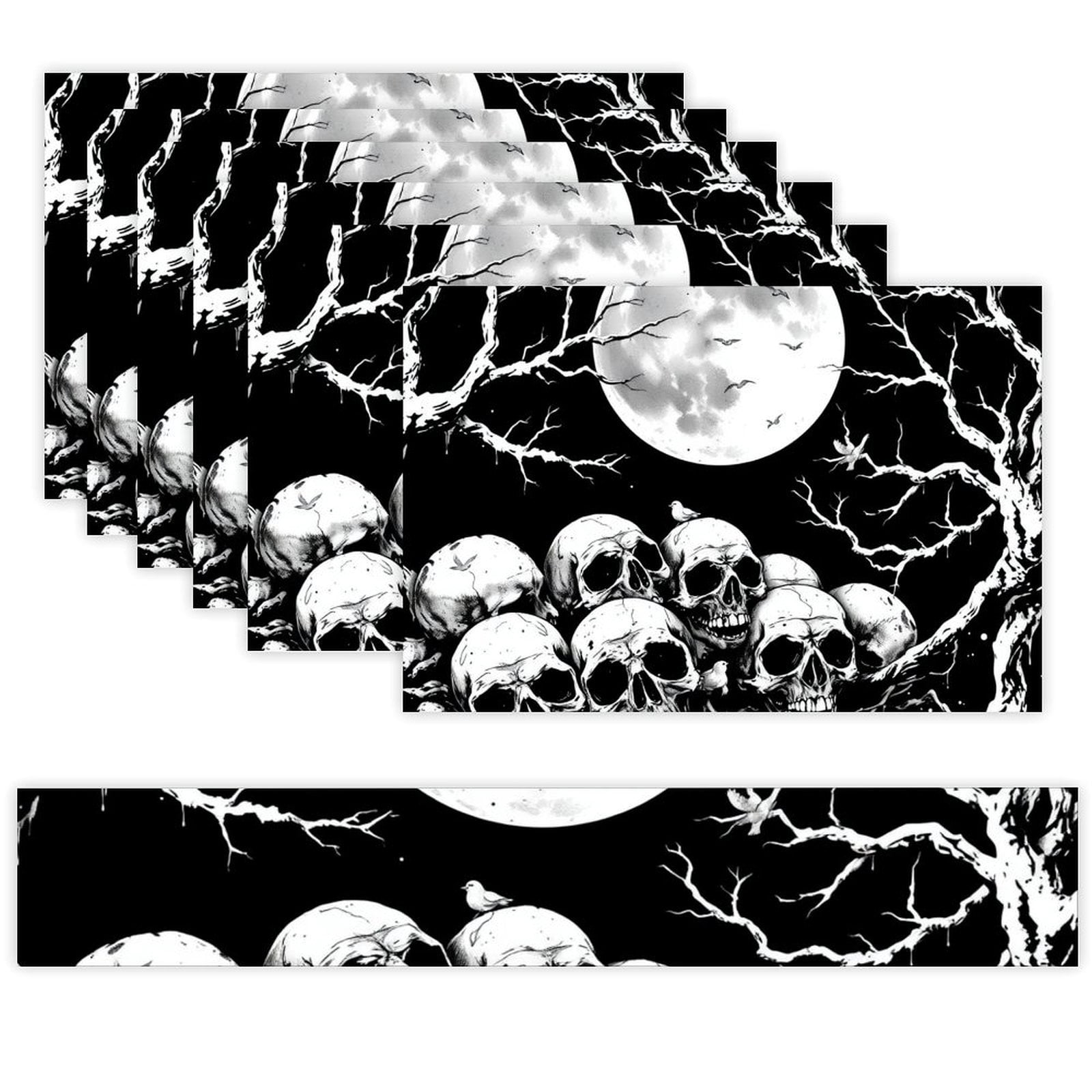 7 Piece Linen Table Runner and Placemats Set, Skull Moon Dark Art Round ...