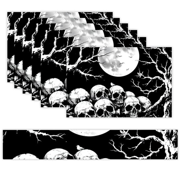 7 Piece Linen Table Runner and Placemats Set, Skull Moon Dark Art Round ...