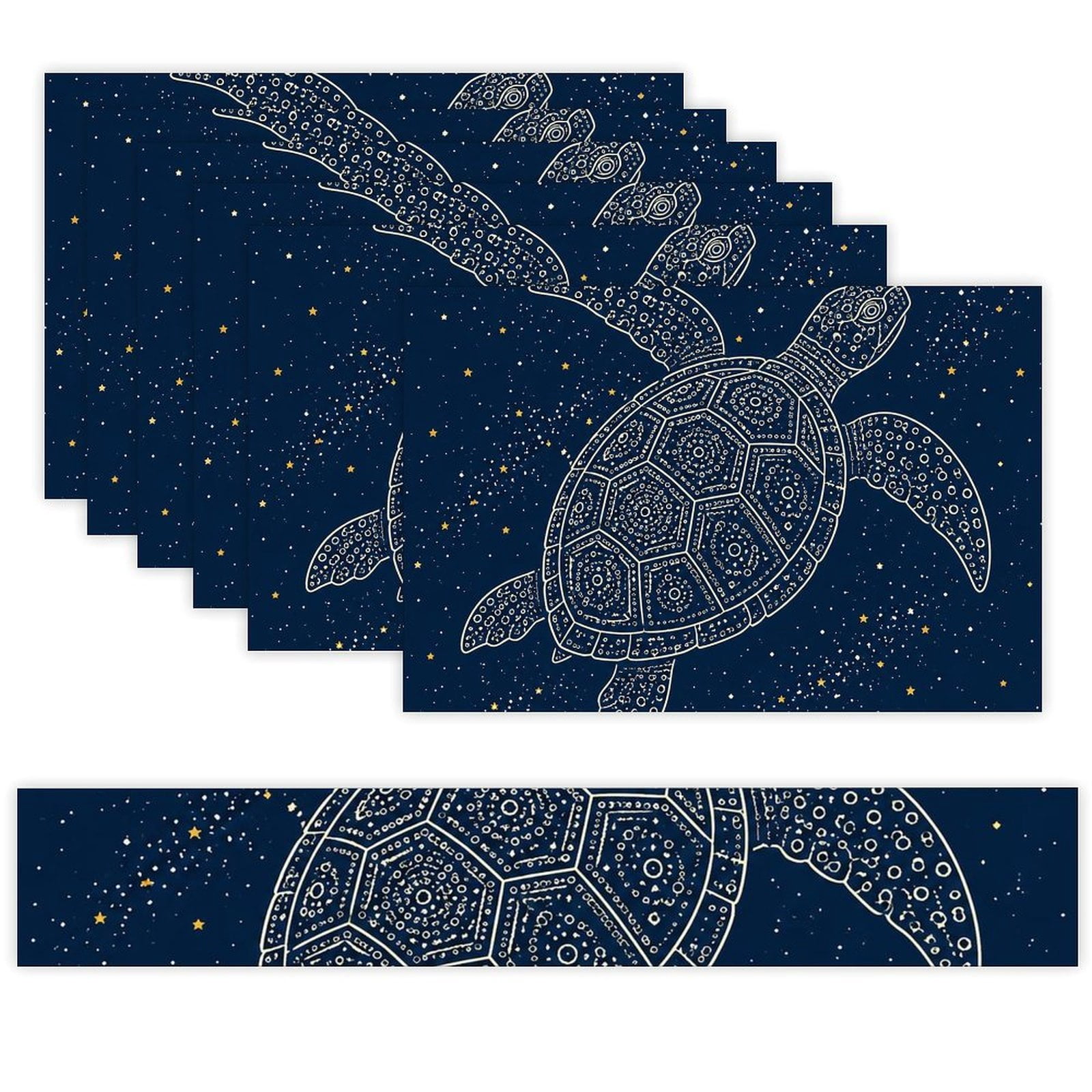 7 Piece Linen Table Runner and Placemats Set, Starry Sea Turtle Outline ...