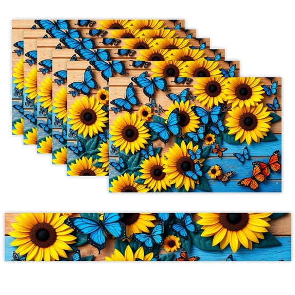 7 Piece Linen Table Runner and Placemats Set, Sunflower Butterfly Wood ...