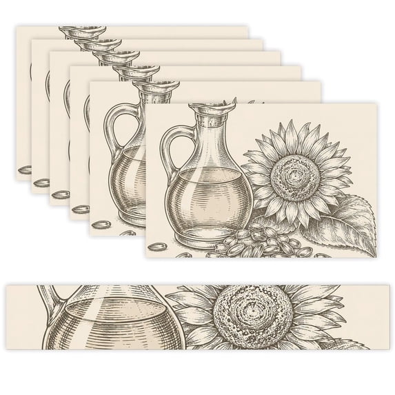 7 Piece Linen Table Runner and Placemats Set, Sunflower Oil Bottle with ...