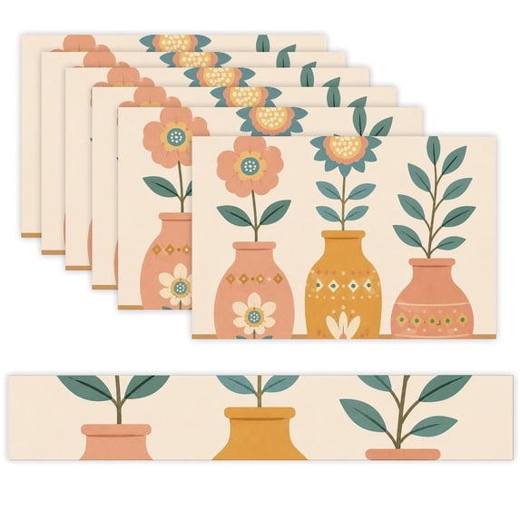 7 Piece Linen Table Runner and Placemats Set, Three Painted Flower ...