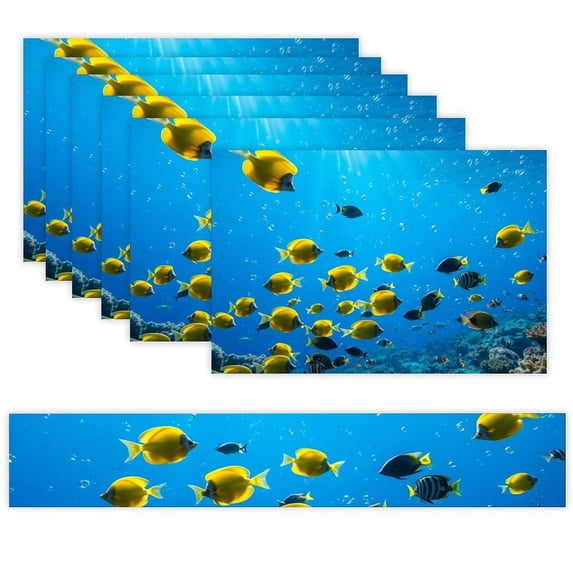 7 Piece Linen Table Runner and Placemats Set, Tropical Fish Reef Round ...