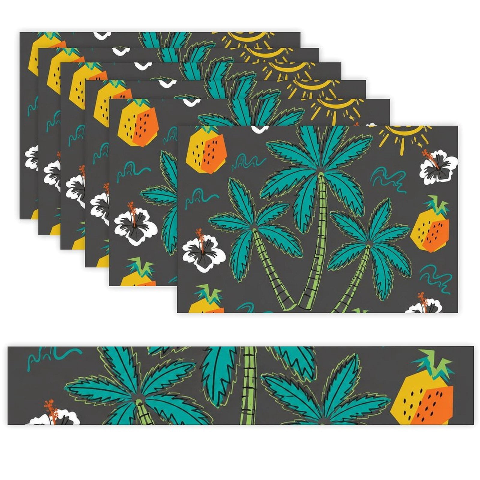 7 Piece Linen Table Runner and Placemats Set, Tropical Palm Party Round ...