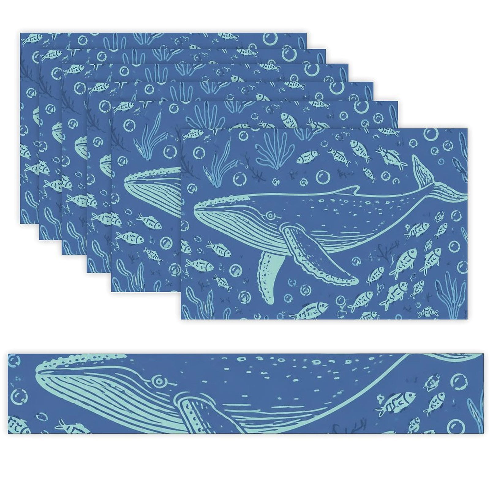 7 Piece Linen Table Runner and Placemats Set, Whale And Fish Underwater ...