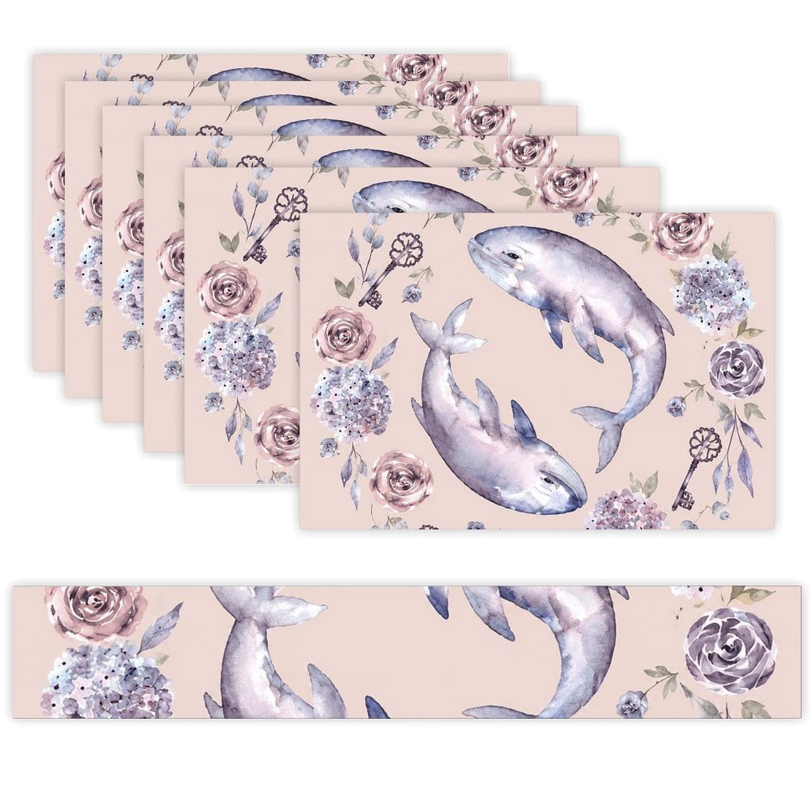 7 Piece Linen Table Runner and Placemats Set, Whales Hydrangeas Keys ...