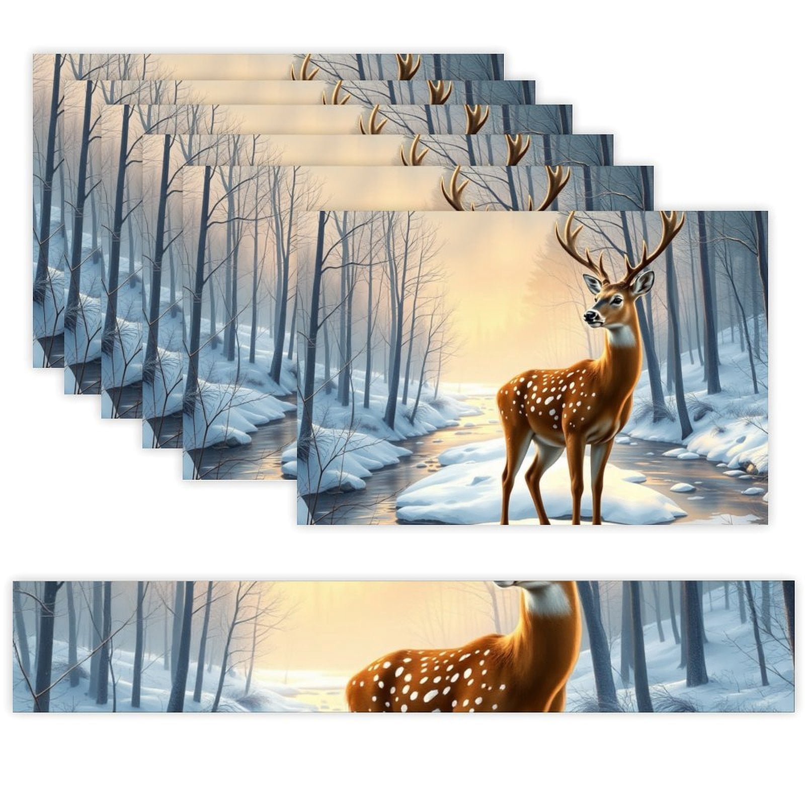 7 Piece Linen Table Runner and Placemats Set, Winter Deer Snow Stream ...