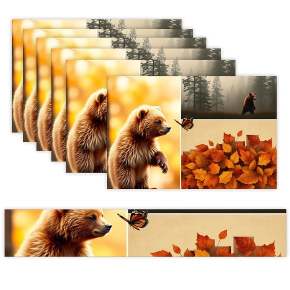 7 Piece Linen Table Runner and Placemats Set, Woodland Bear Collage ...