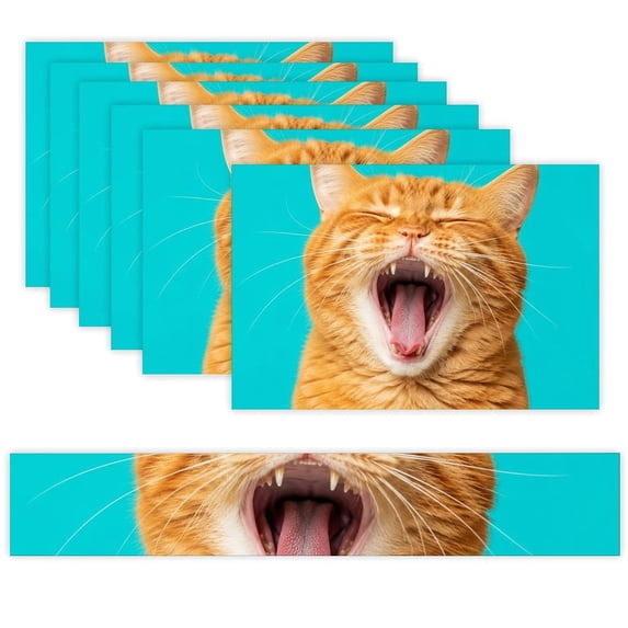7 Piece Linen Table Runner and Placemats Set, Yawning Ginger Cat On ...