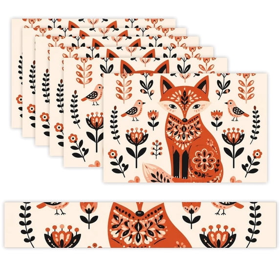 7 Piece Linen Table Runner and Placemats Set, Folk Art Fox Round Corner ...