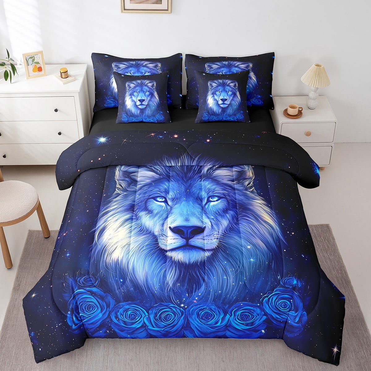 7 Piece Lion Queen Bed in a Bag for Adult Animal Lion Print Bedding ...