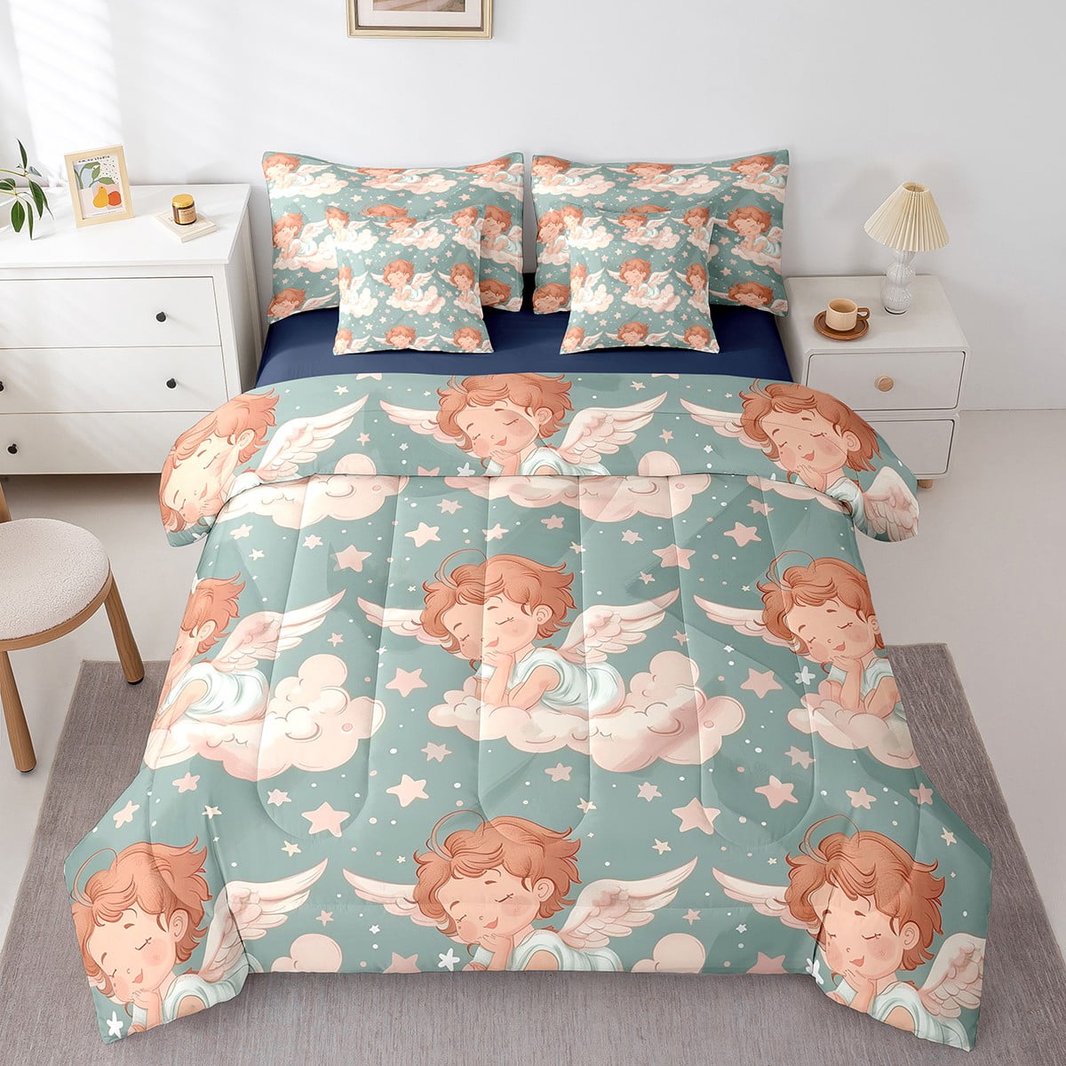 7 Piece Angel Bedding Sets Dreamy Cartoon Queen Bed in a Bag Angel Halo ...
