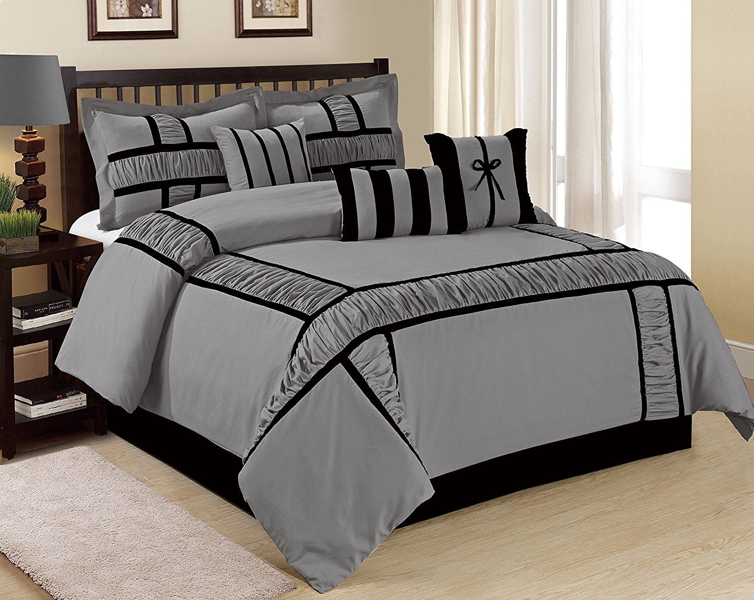 7 Piece MARMA Ruffle Patchwork Clearance bedding Comforter Set Fade Resistant Wrinkle Free No Ironing Necessary Super Soft All Sizes Queen King CalKing Queen Gray Black Walmart